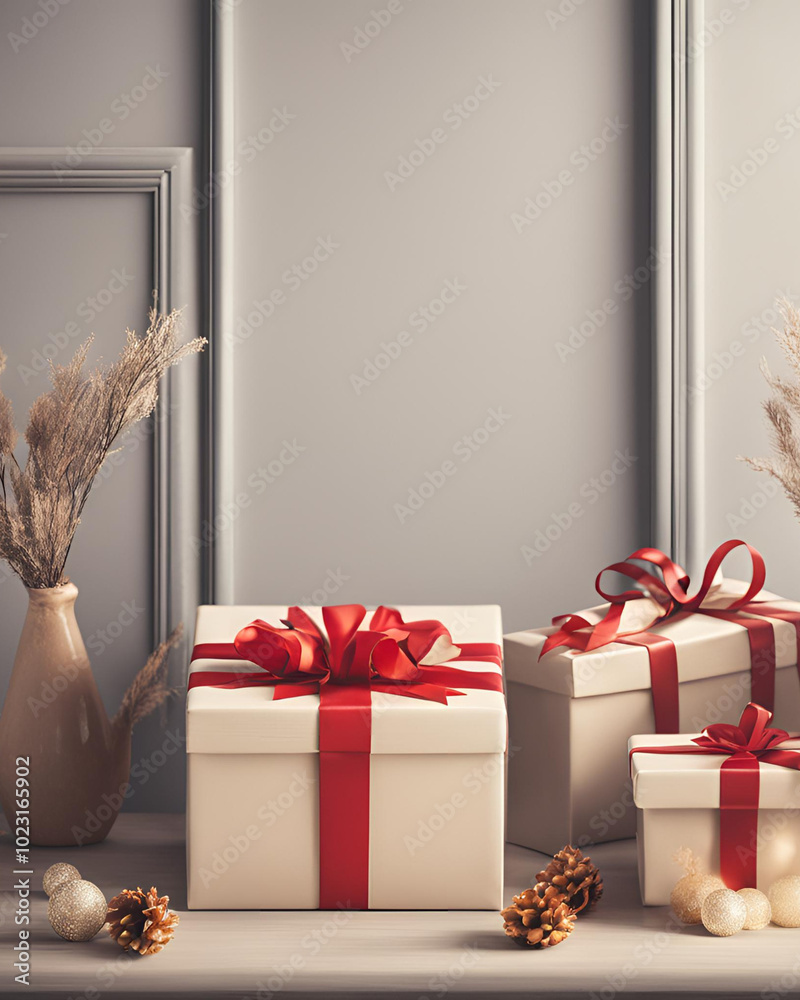 white gift boxes with red ribbon, elegant gift packaging, festive white ...