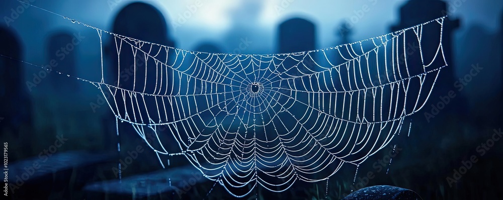 A haunting spider web glistens with dew in an eerie graveyard, creating ...