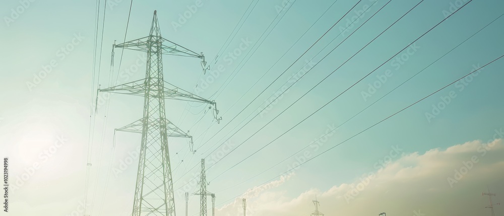 Tall power lines stretch towards the horizon, silhouetted against a ...