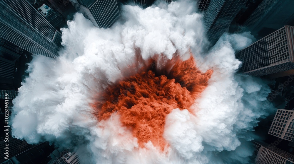 Overhead view of stock market crash depicted as a red tsunami engulfing ...