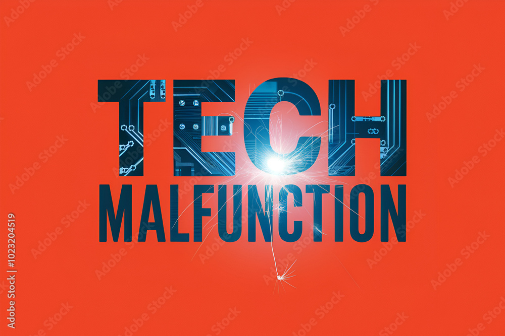 Tech malfunction is a concept that is shown in a red background with a blue and white font. The ...