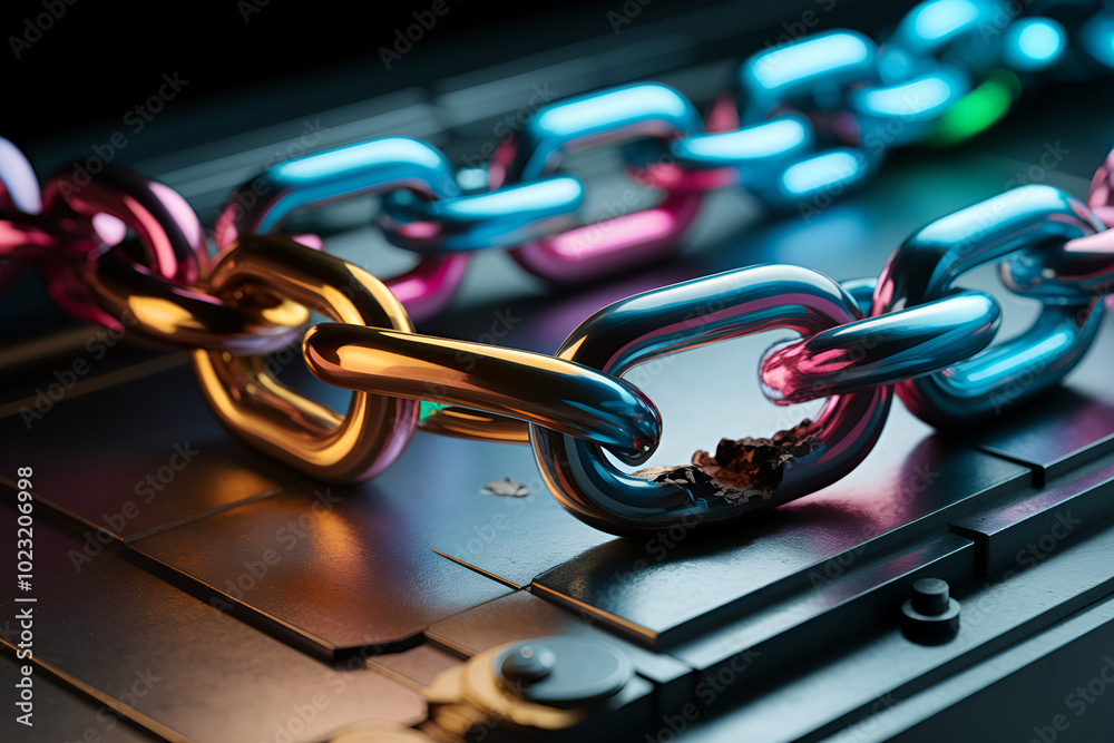 A chain of colorful links is shown in a close up. The chain is broken ...