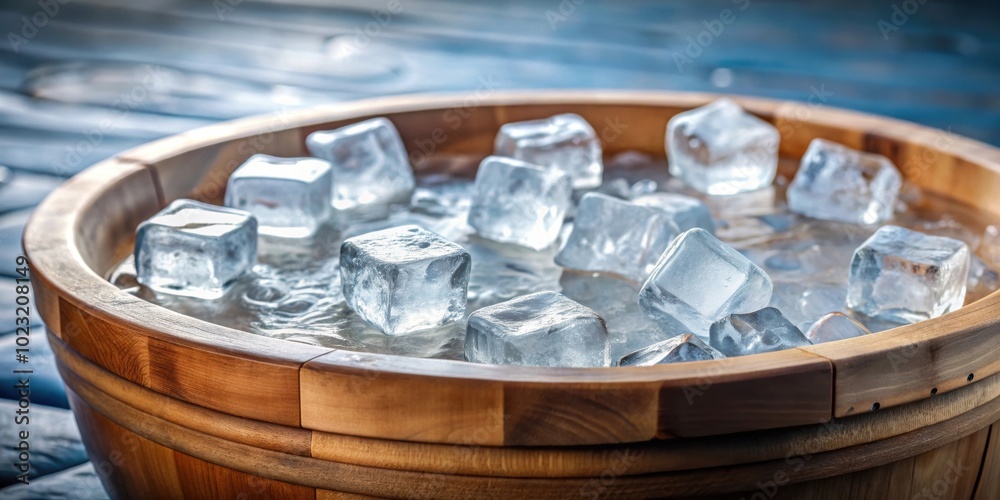 Ice cubes floating in a water tub for ice bath detox session, ice cubes ...