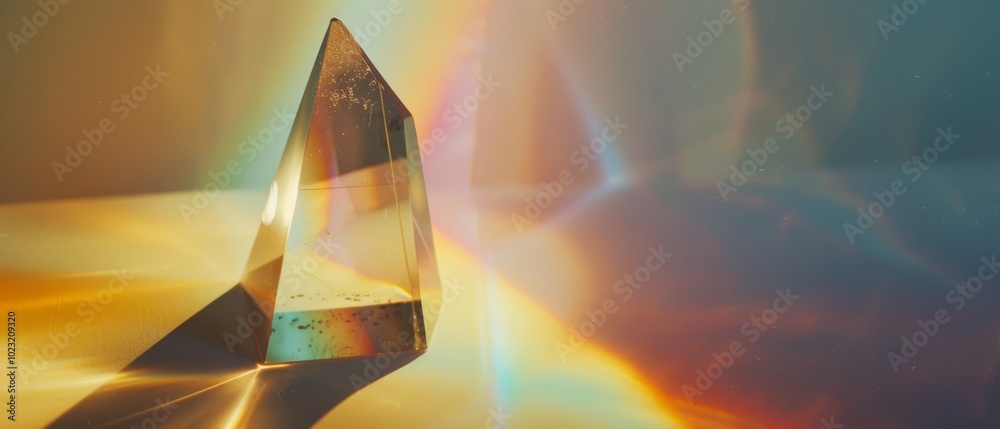 A triangular prism casts vibrant rainbows and soft reflections ...