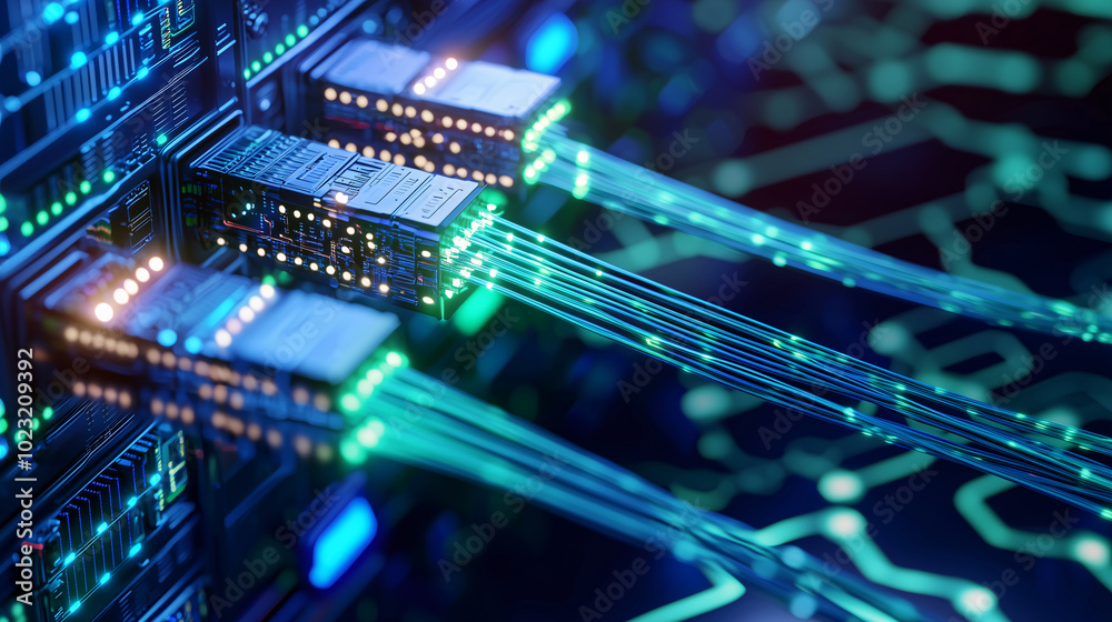 Close-up of optical connectors and fiber optic cables in a server ...