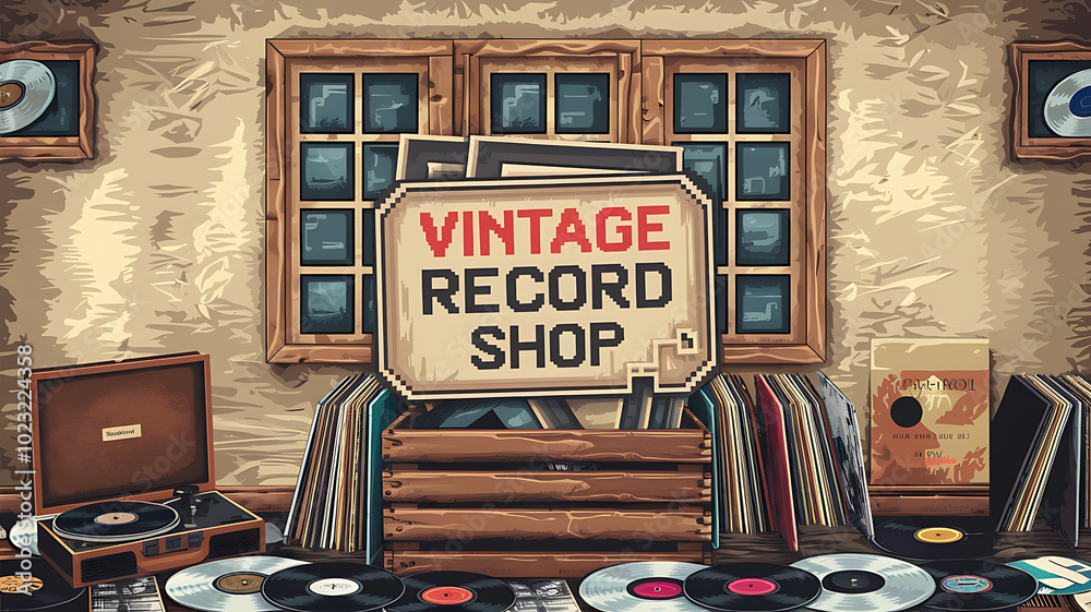 Vintage record shop with wooden crates and vinyl records, brown and ...