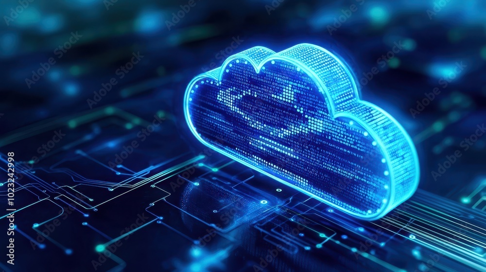 Digital cloud symbol glowing in blue against a circuit background ...