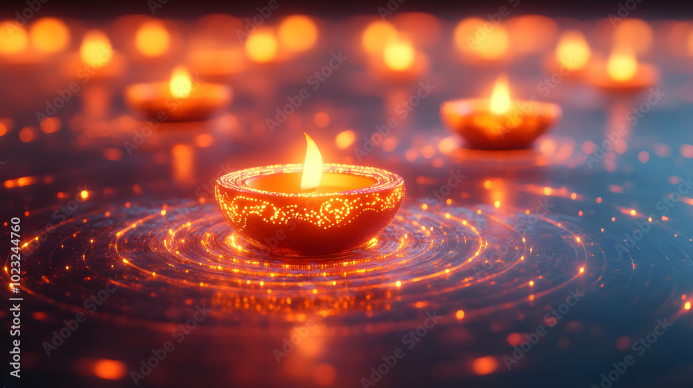 3D Icon Desktop with Holographic Diwali Candles and Festival of Lights ...