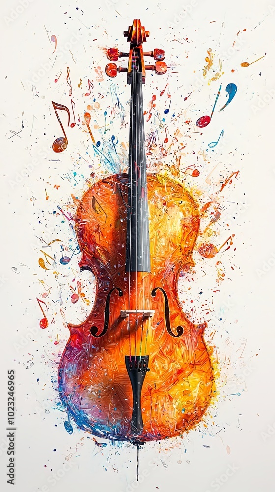 This image features a vibrant cello at the center with an explosive ...