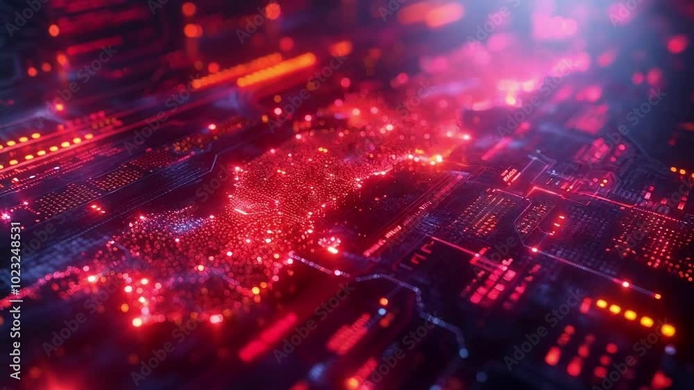 Futuristic world map is forming on a circuit board with glowing red ...