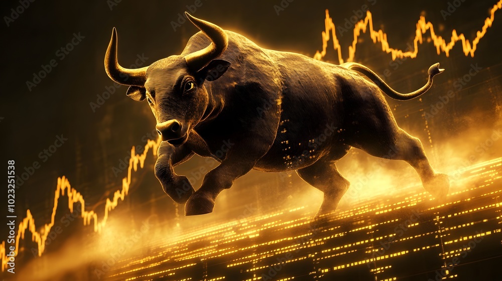 Bull charging through a rising stock market chart with positive trends ...