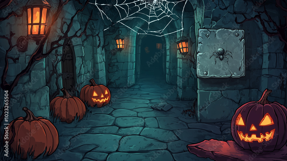 Dungeon Corridor with Spider Webs: The background is a narrow, eerie ...