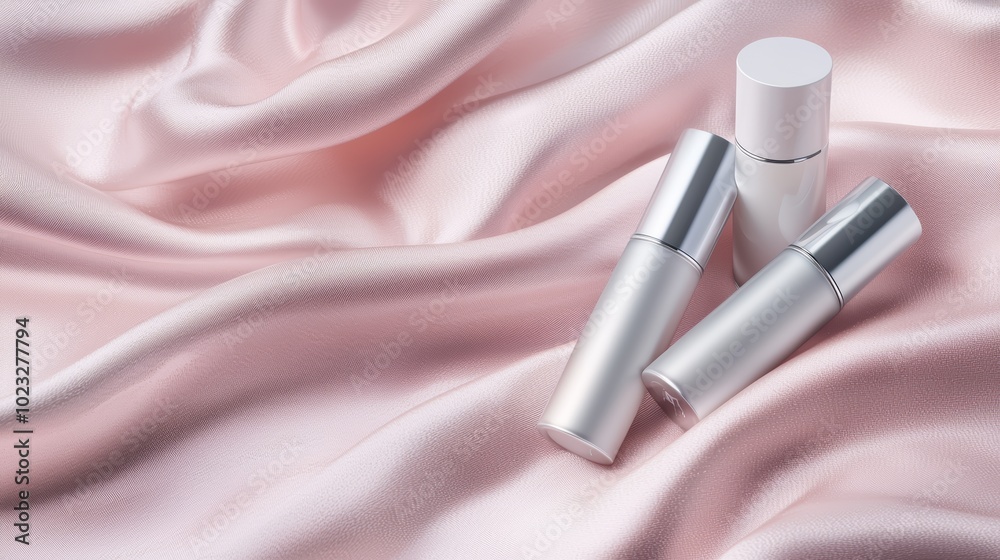 Luxurious white and silver cosmetic packaging arranged on soft blush ...
