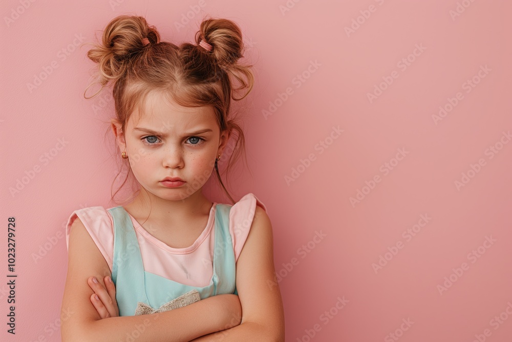 Grumpy child crossing arms against pink background, expressing ...