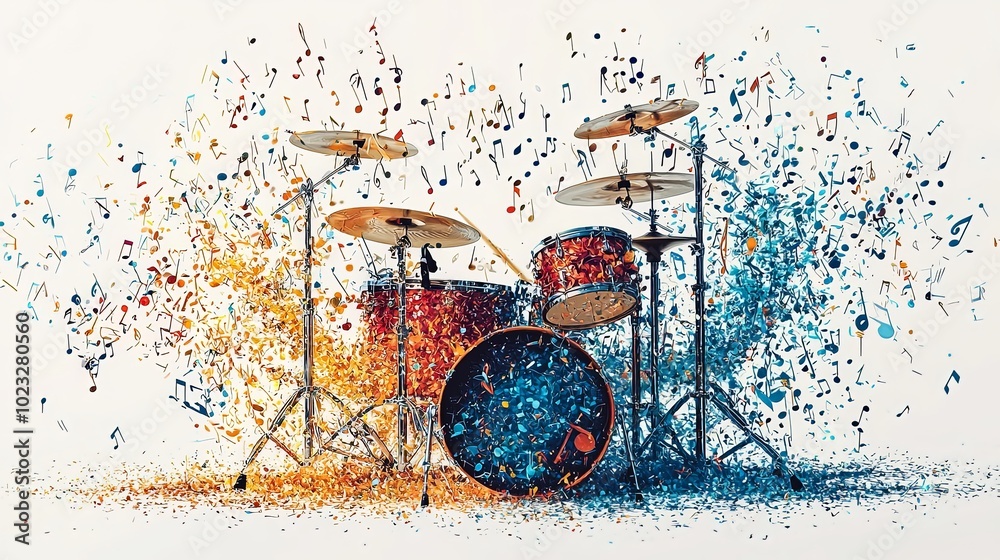 A dynamic splash of color explodes around a drum kit, featuring a ...