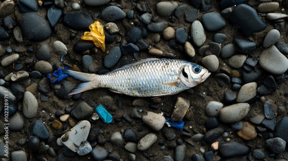 Dead fish washed up on a beach alongside plastic trash, symbolizing the ...