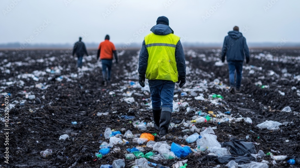 Fields covered in plastic waste after a festival, with volunteers ...