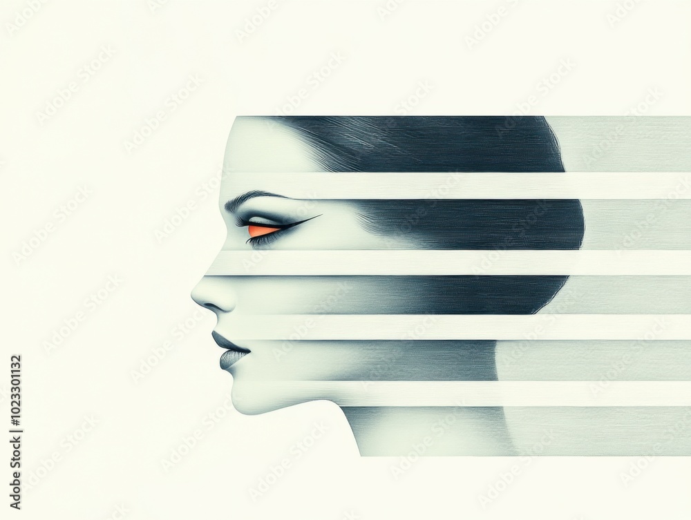 Artistic depiction of a woman's side profile with geometric stripes ...