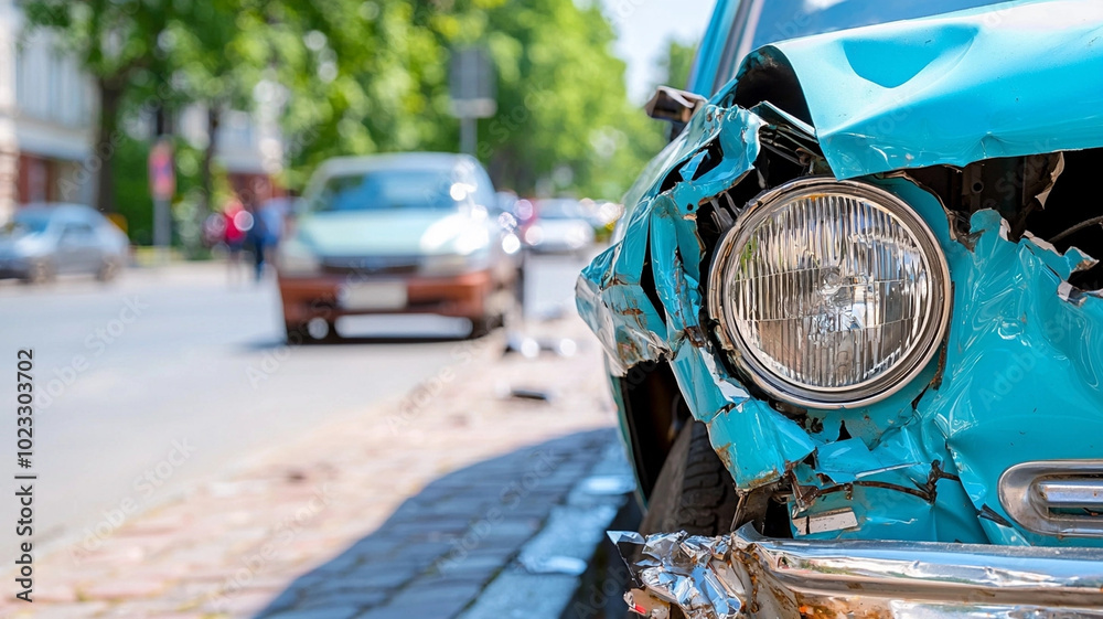 damaged blue car with crumpled front fender is parked on city street ...