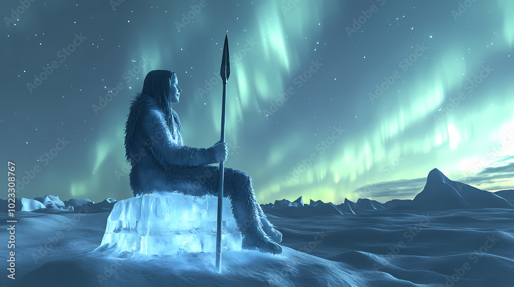 Arctic serenity: 3d ice carving of inuit woman with spear in frozen ...