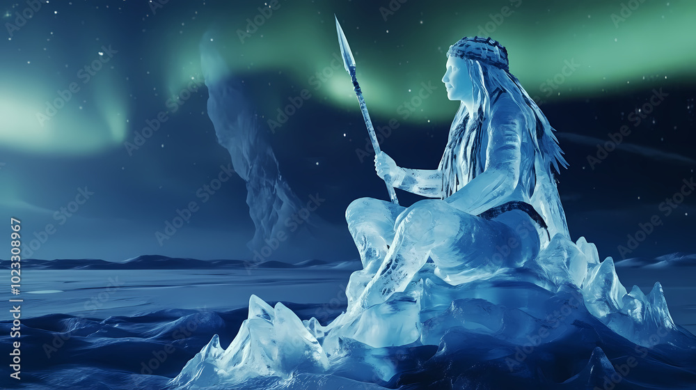 Arctic serenity: 3d ice carving of inuit woman with spear in frozen ...
