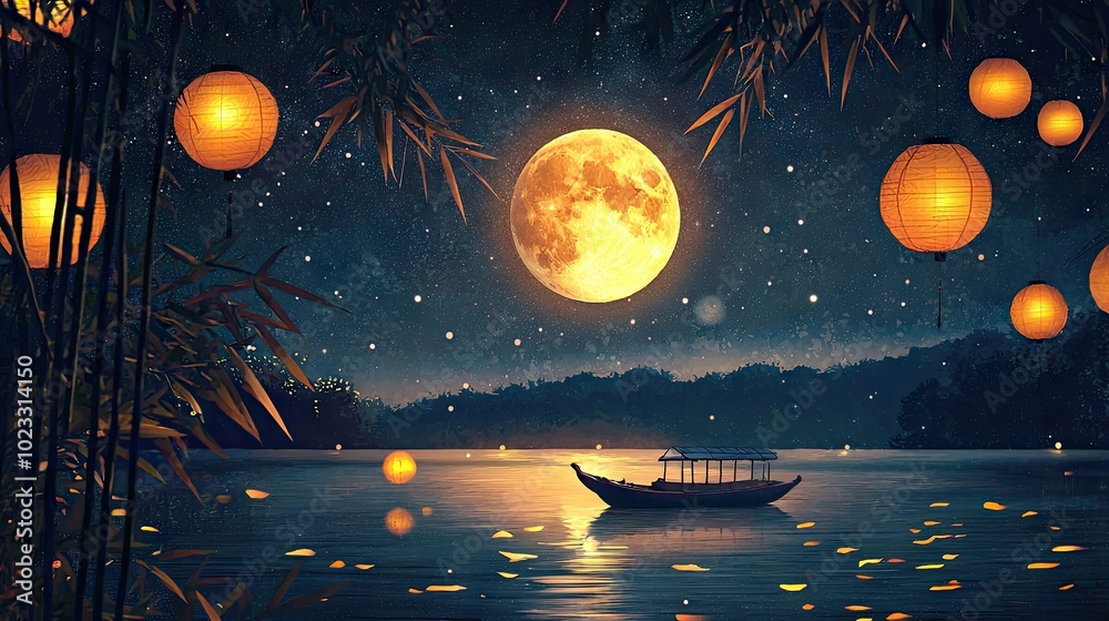 Full moon, Night sky with stars, lake, Close shot of the boat in the ...