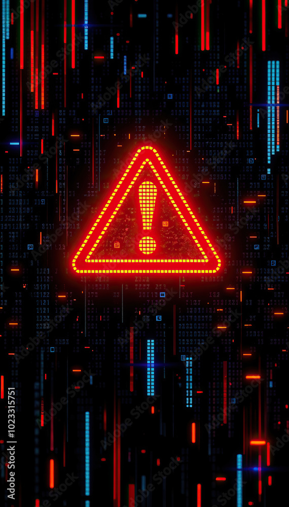 neon warning sign with exclamation mark against futuristic digital ...