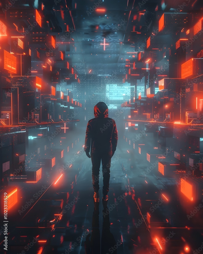 Hacker Surrounded by Holographic Firewalls Breaking Through Layers of Digital Security Stock ...