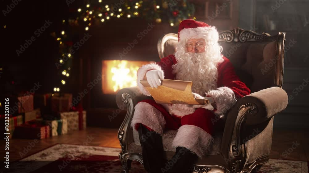 Inside Santa Claus home, old wizard relaxing in chair and reading ...