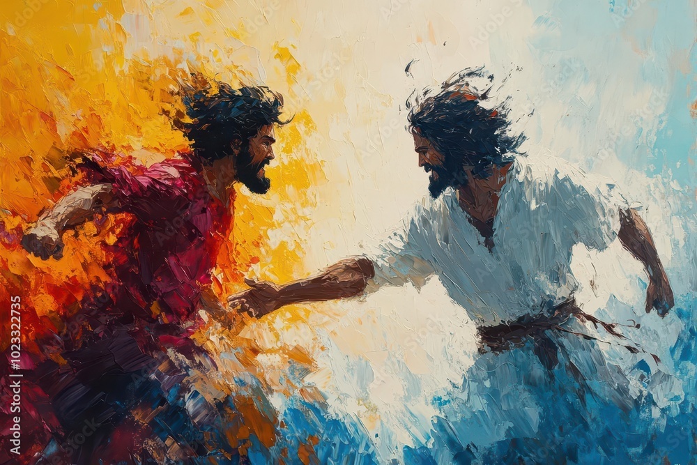 dynamic painting capturing the epic moment of david confronting goliath ...