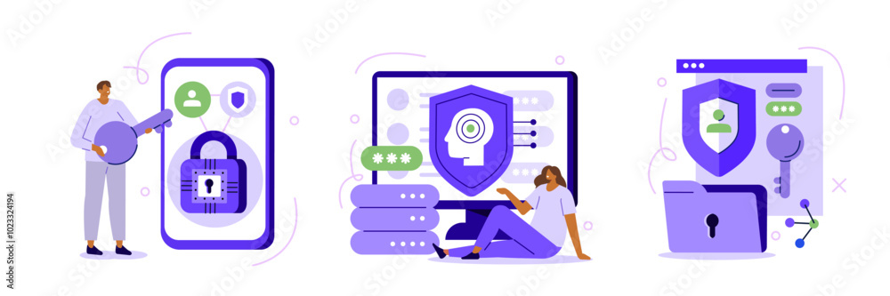 AI cyber security set. Characters use artificial intelligence ...