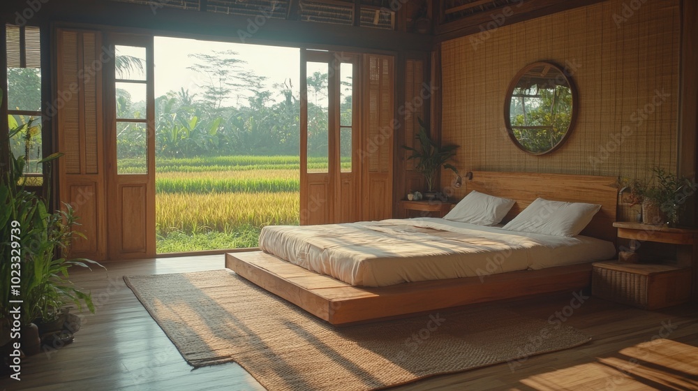 The interior design of the open bedroom of the homestay, with a natural ...