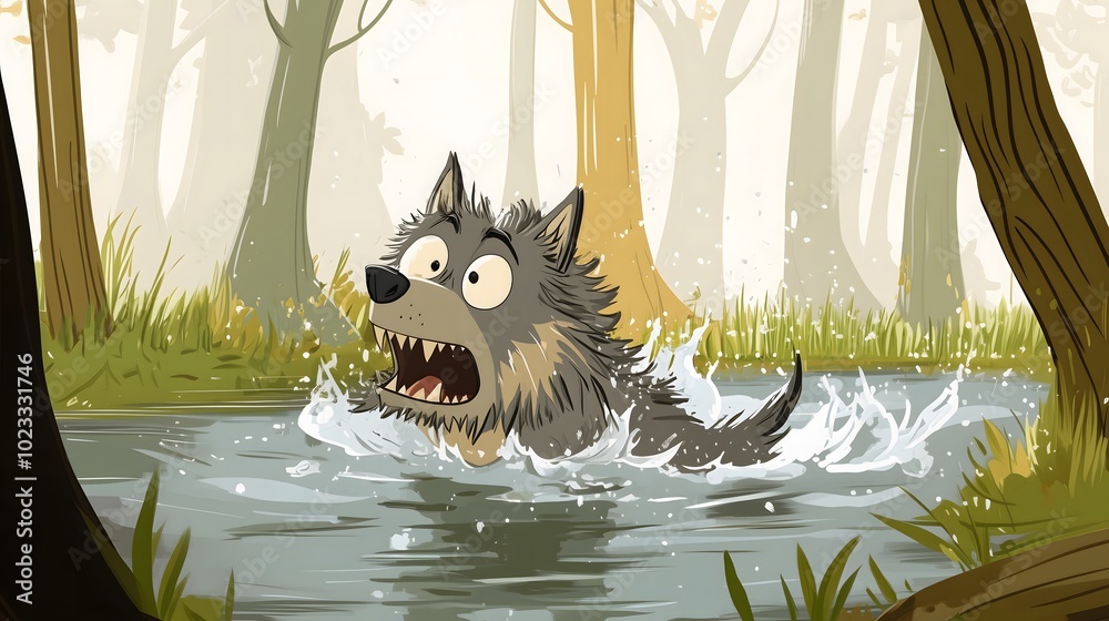 Wolf struggling in water , Aesop's fable , Big bad wolf , The wolf was ...
