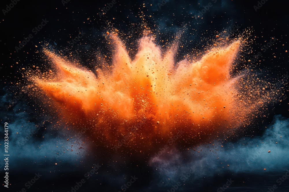 explosive burst of red and orange powder dramatically fills the black ...