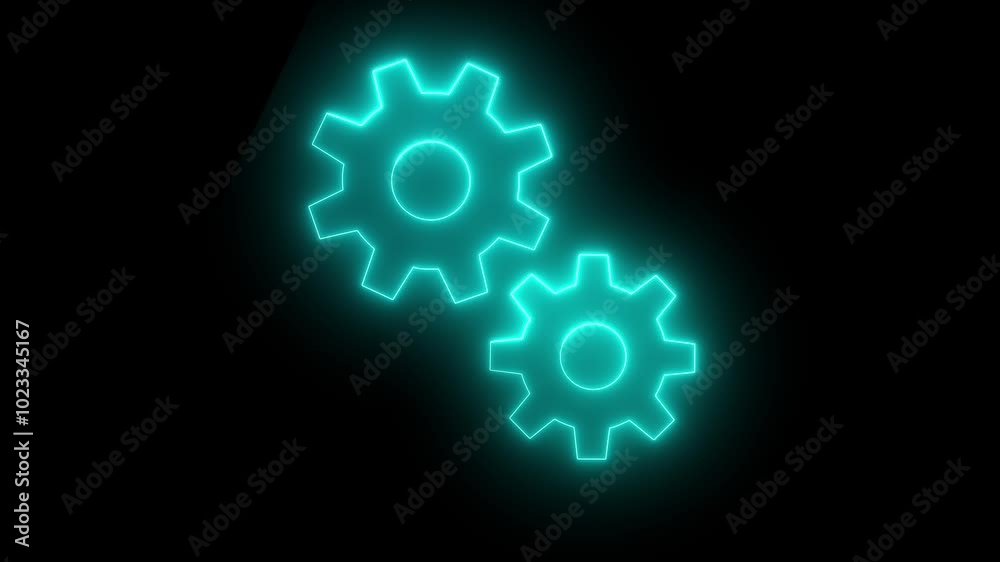 the Spinning gears setting animation. glowing neon settings icon, turquoise color gears settings ...