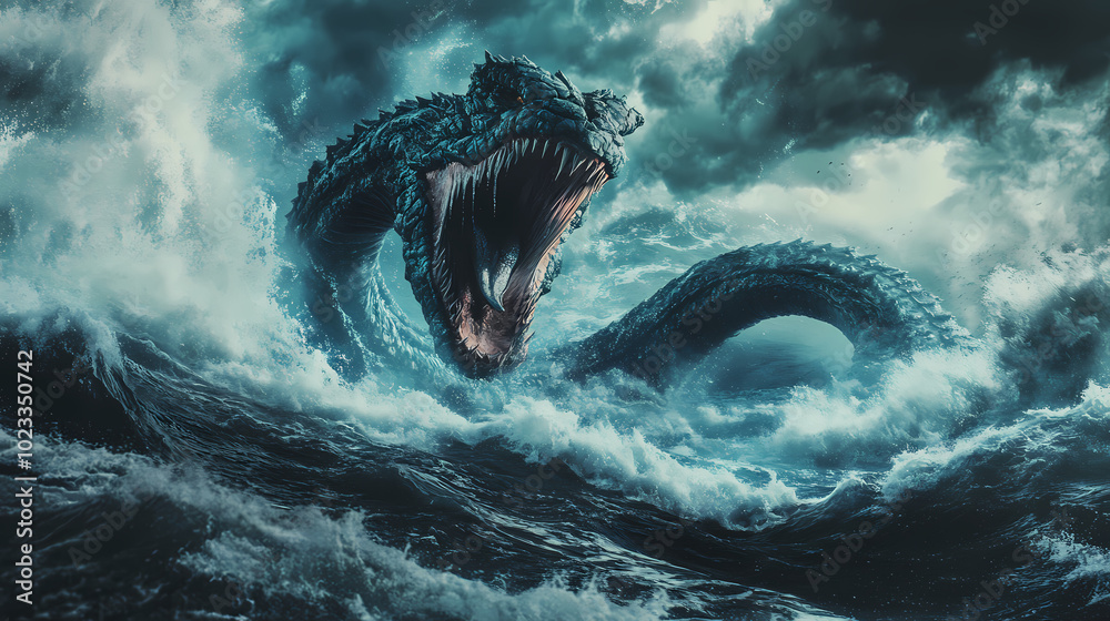 Sea serpent monster rises from the depths with roaring thunder and ...