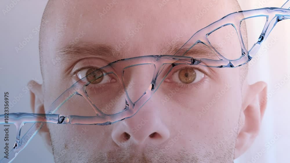 DNA spiral, helix structure rotates front person, representing human ...