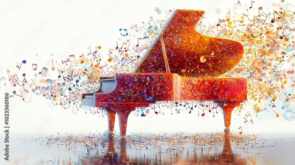A grand piano depicted in vivid abstract style, encircled by dynamic ...