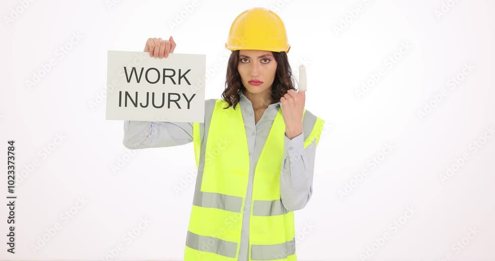 Upset woman construction worker shows Work Injury placard and broken ...