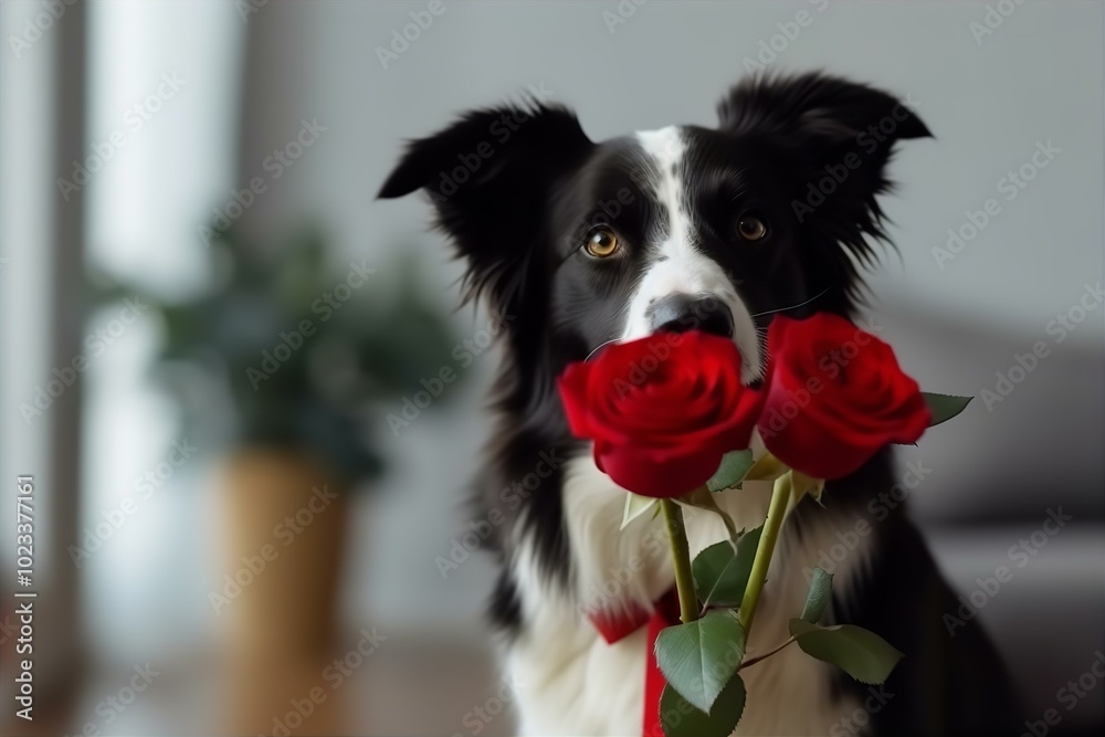 Cute Valentine's Day Border Collie Smiling Happily with Heart-Themed ...