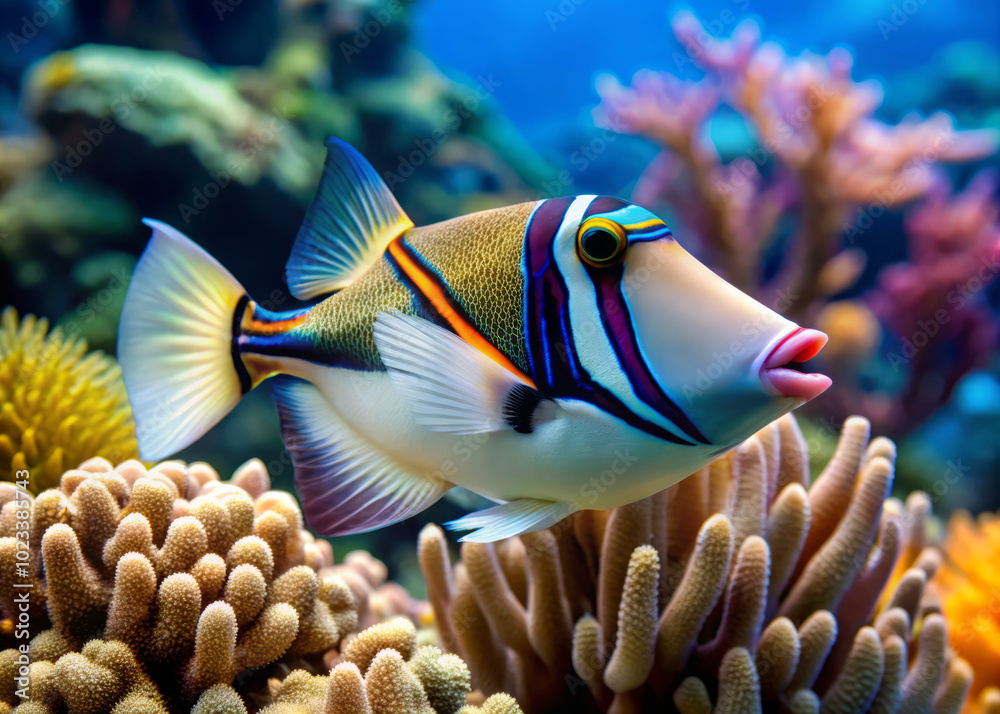 vibrant triggerfish swims gracefully among colorful coral reefs ...