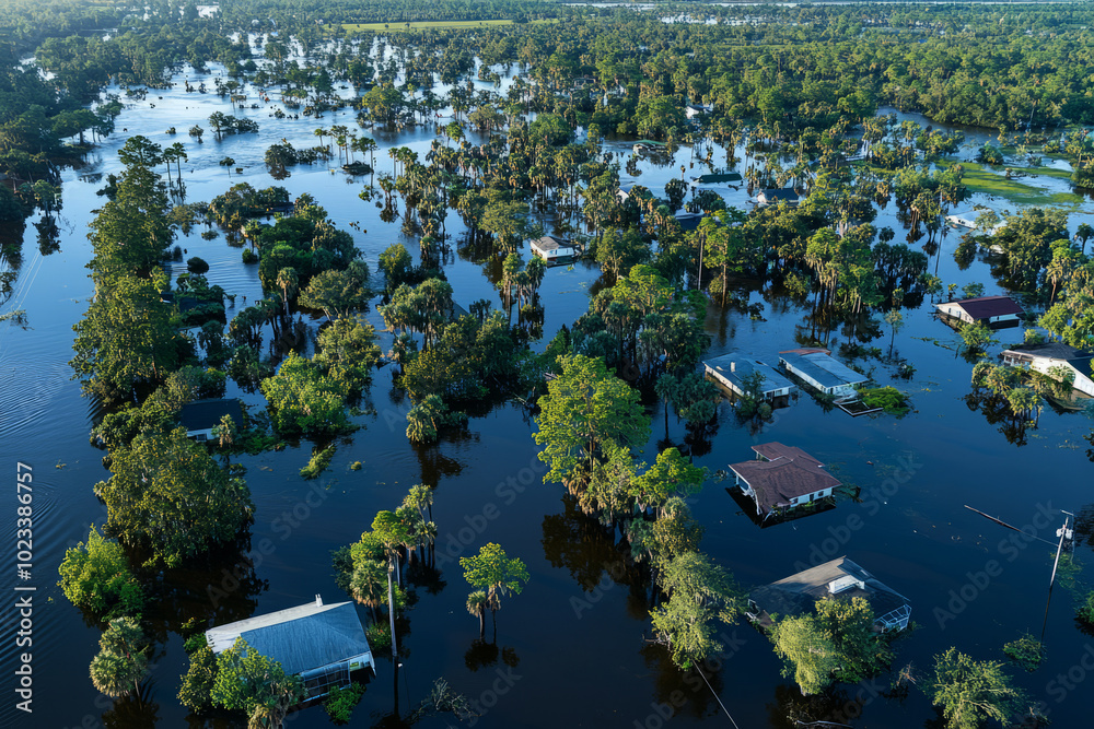Aerial view of a town flooded by a hurricane. Flood waters have ...