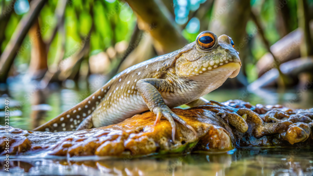 Mudskipper resting on mangrove root, showcasing its unique amphibious ...