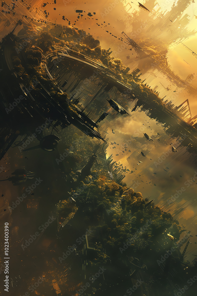 Illustrate a surreal dystopian world through digital art, focusing on a ...