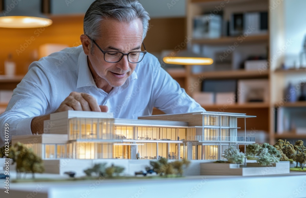 A middle-aged architect with glasses is looking at an architectural ...