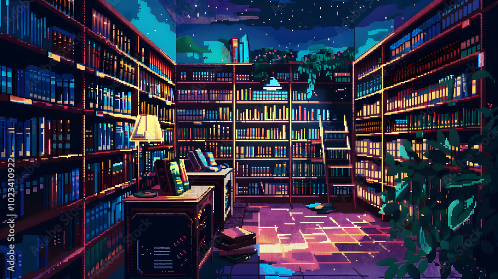 Metaverse pixel library, 8-bit floating books, digital librarian AI ...