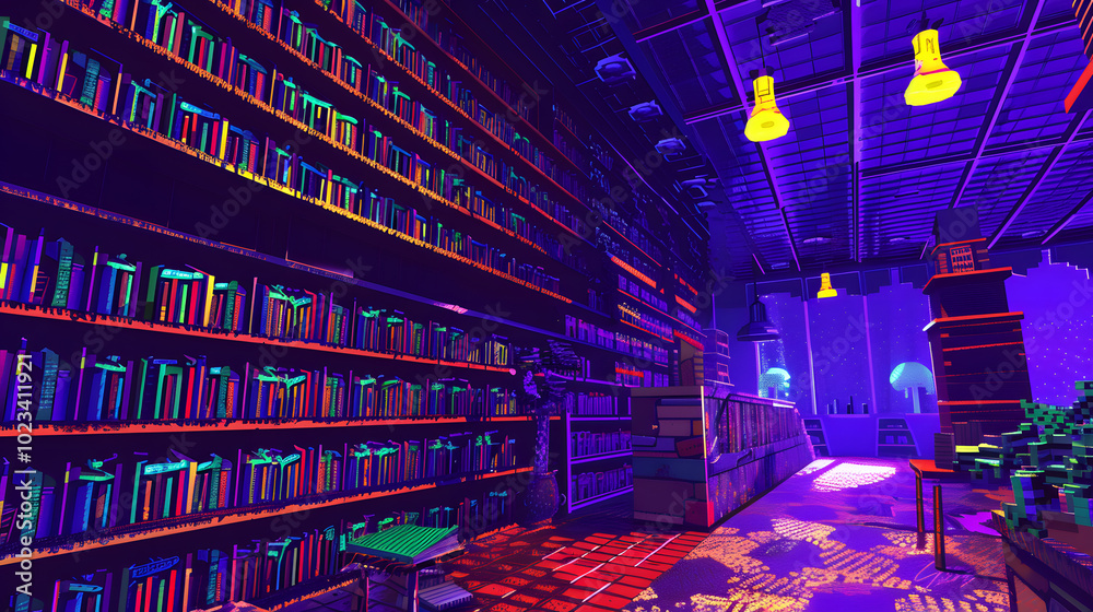 Metaverse pixel library, 8-bit floating books, digital librarian AI ...