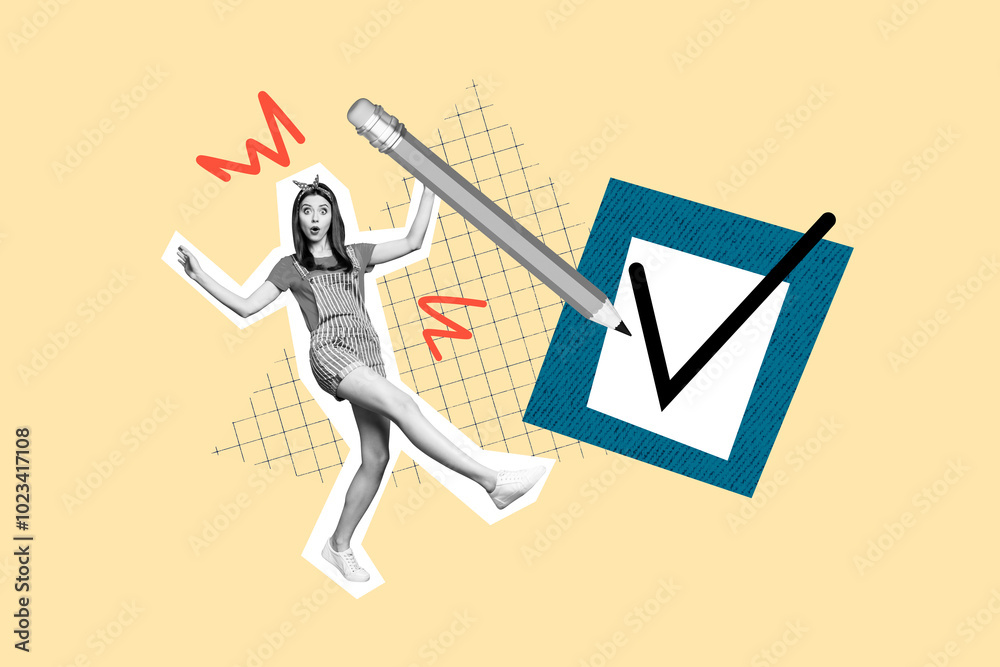 Poster Composite photo collage of astonished girl hold big pencil draw ...