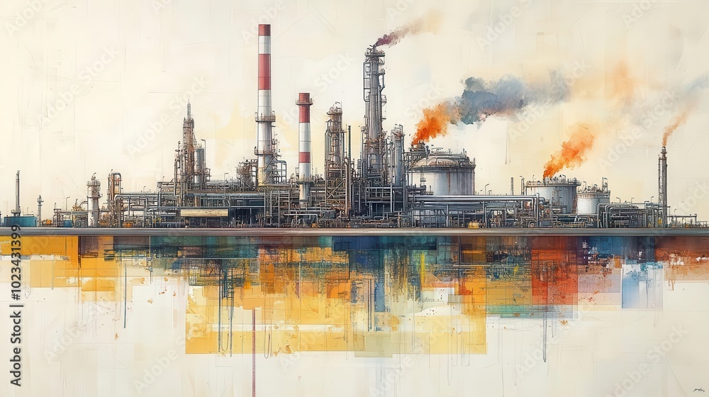 line drawing of an industrial landscape featuring an oil refinery plant ...