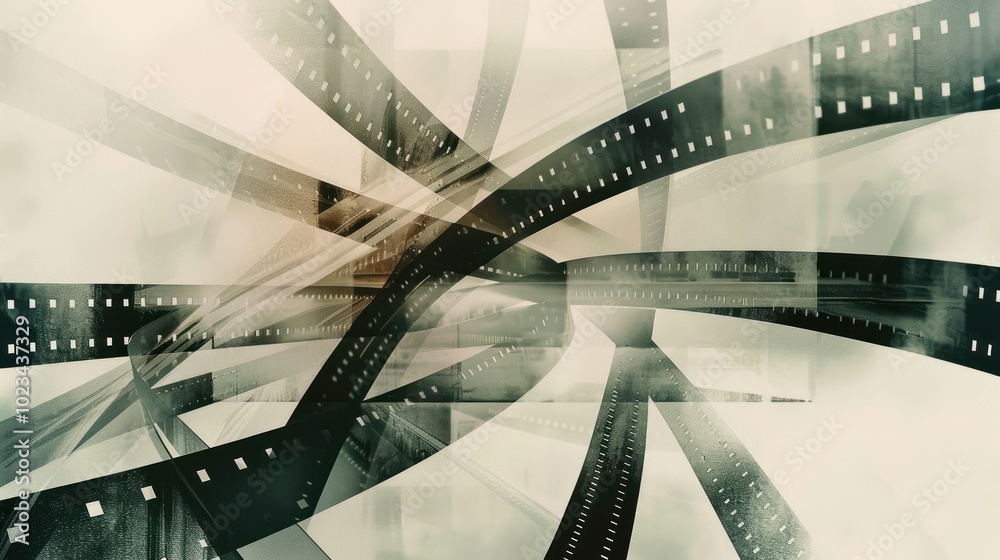 This artwork features a complex array of overlapping film strips that ...